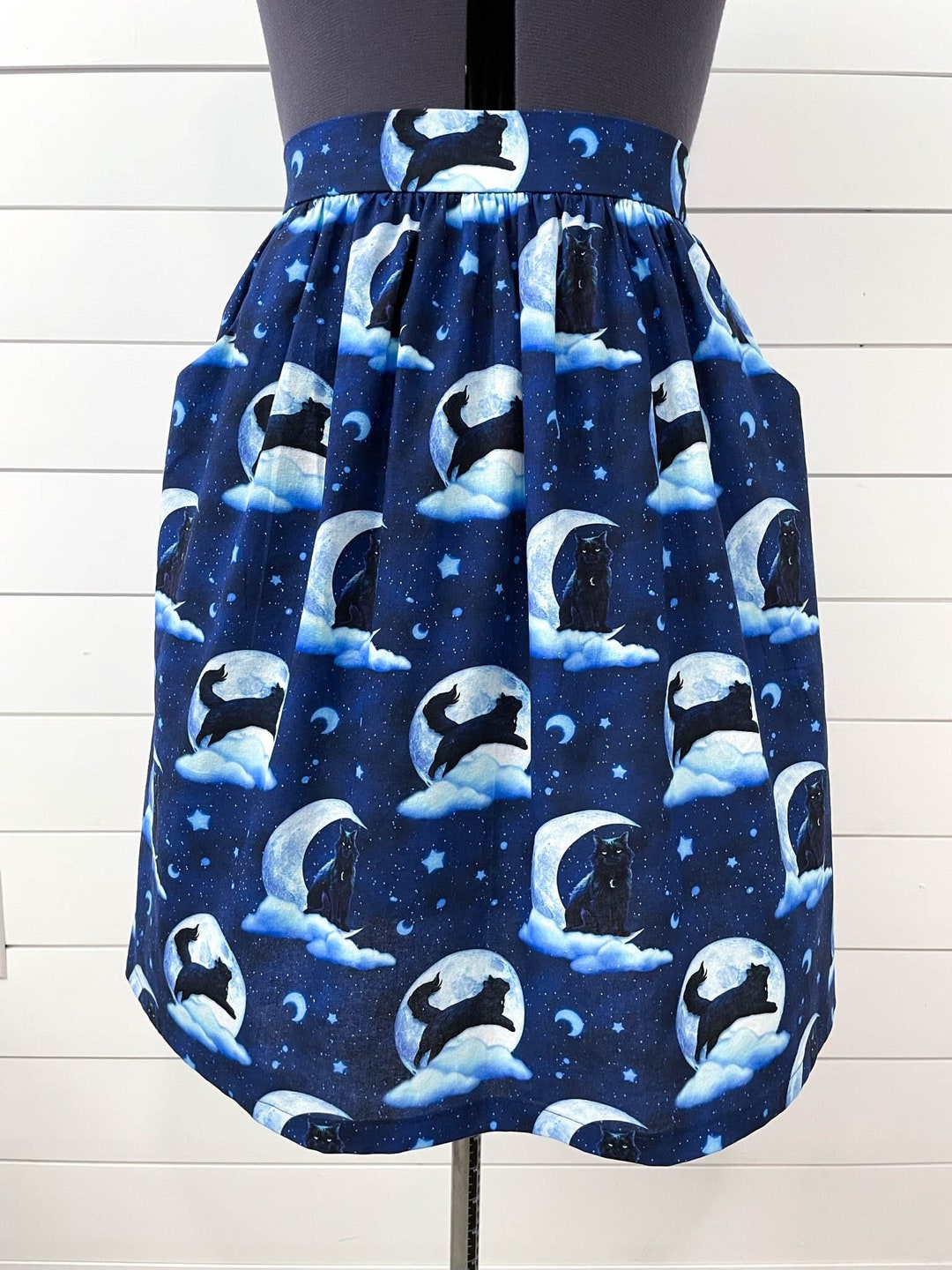 Navy Blue Cat Moon Skirt With Pockets - Handmade Clothing - Halloween ...