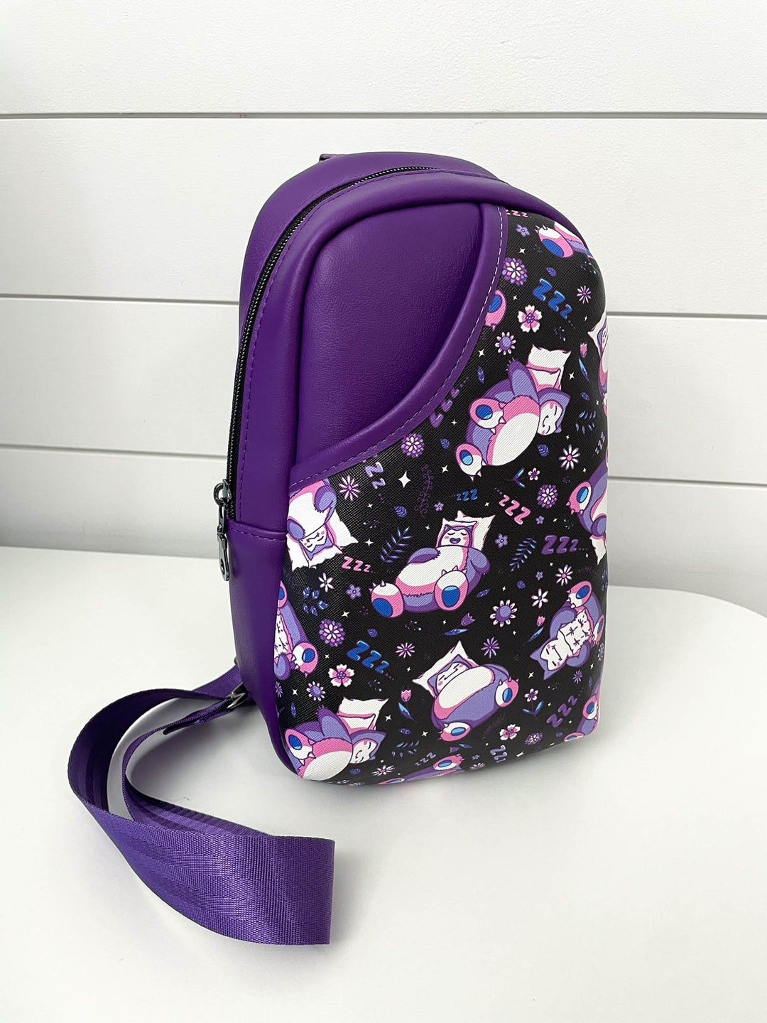 Purple Sleepy Monster Vinyl Sling Bag Spacious Backpack Purse Handmade ...