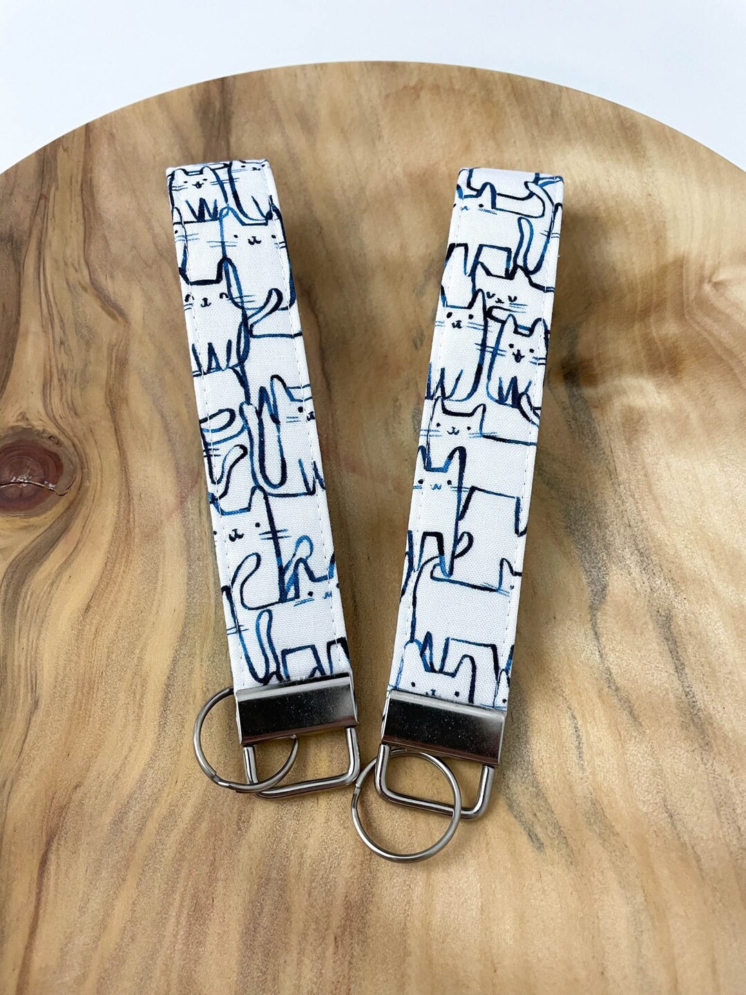 White & Navy Cat Key Fob / Kitty Wristlet / Wrist Keychain / Handmade ...