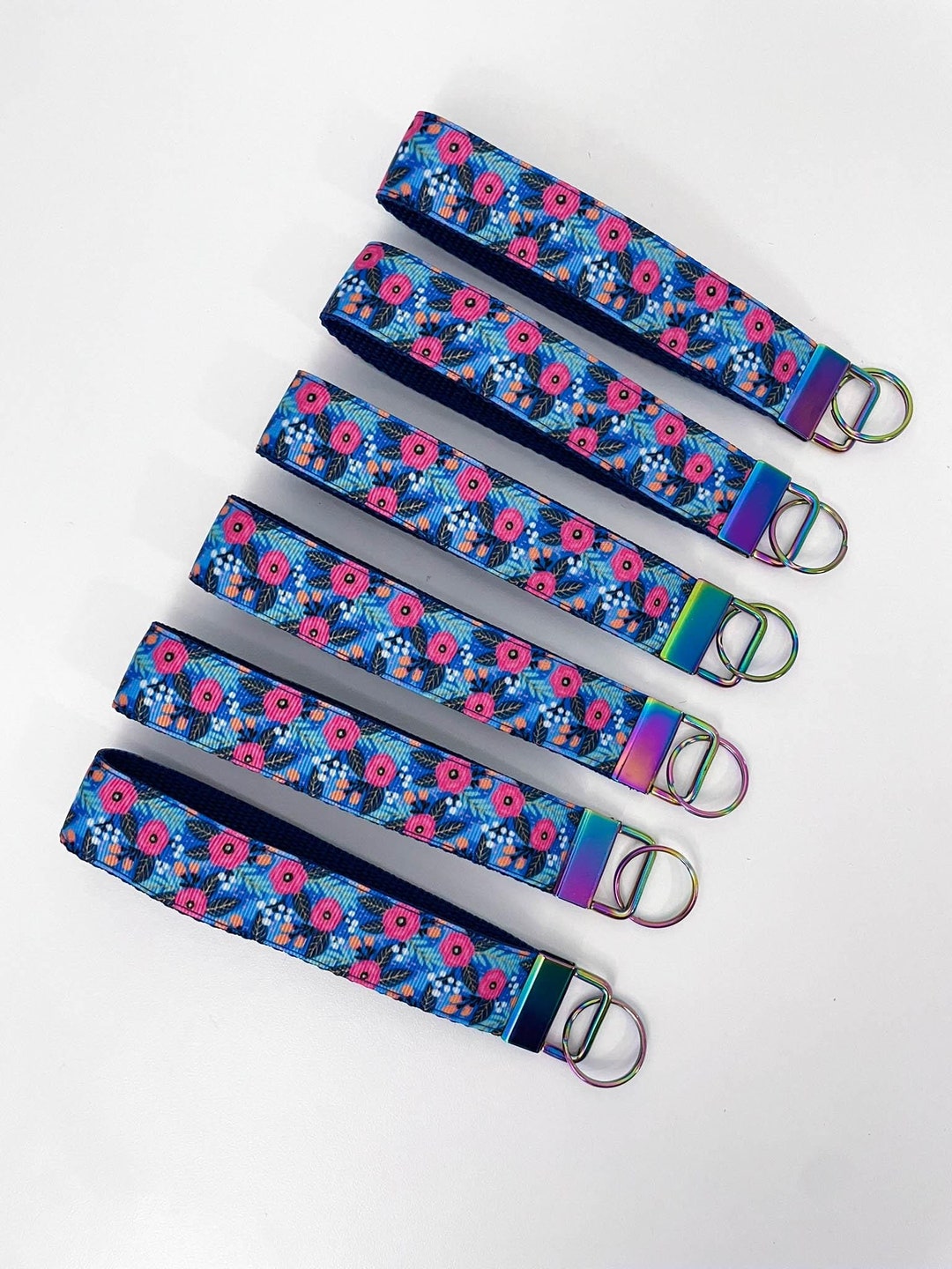Blue Floral Key Fob / Pink Flowers Wristlet / Wrist Keychain / Key Fob ...