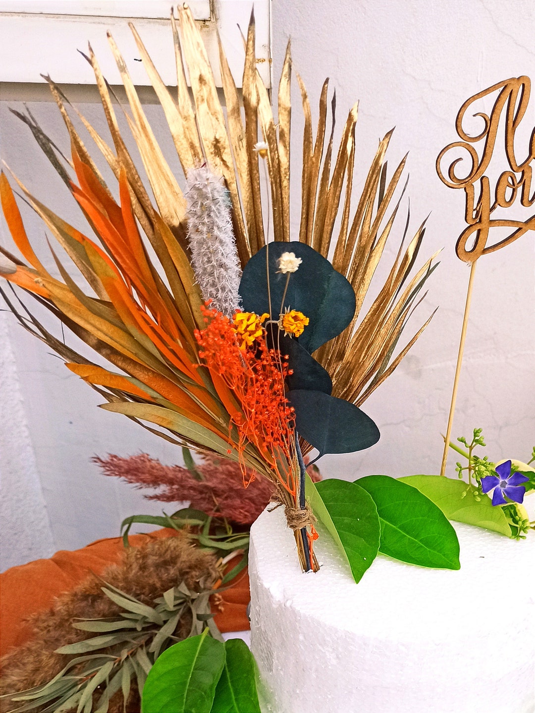 Cake Topper, Natural Golden Sago Palm Leaf, Boho Cake Topper Beach ...