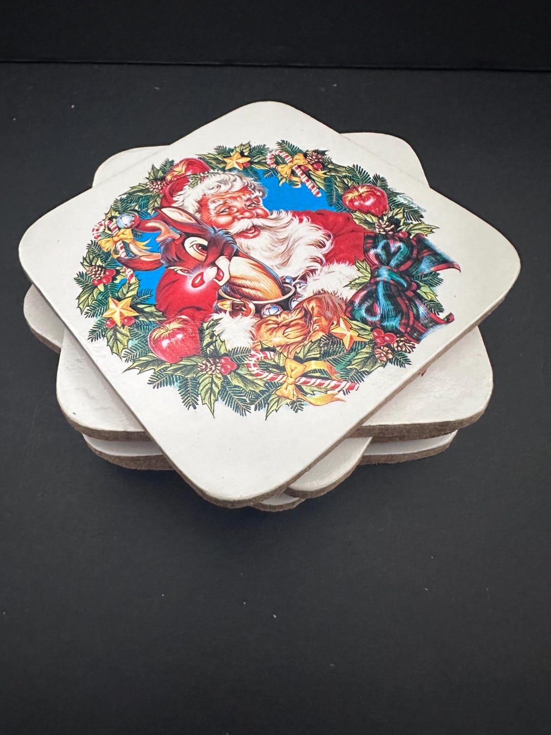 Vintage Rudolph & Santa Holiday Coasters ~ Set of 6 Cork Montgomery ...
