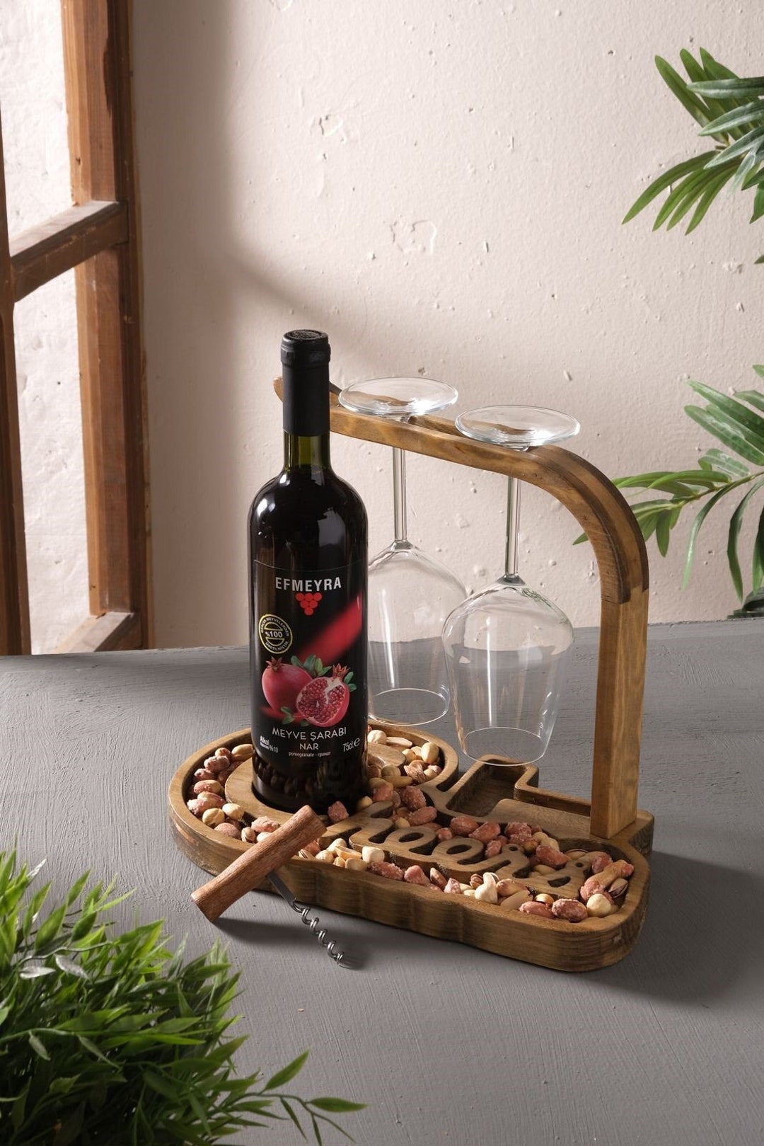 Premium Wooden Wine Tray With Glass Holders and Snack Compartment - Etsy
