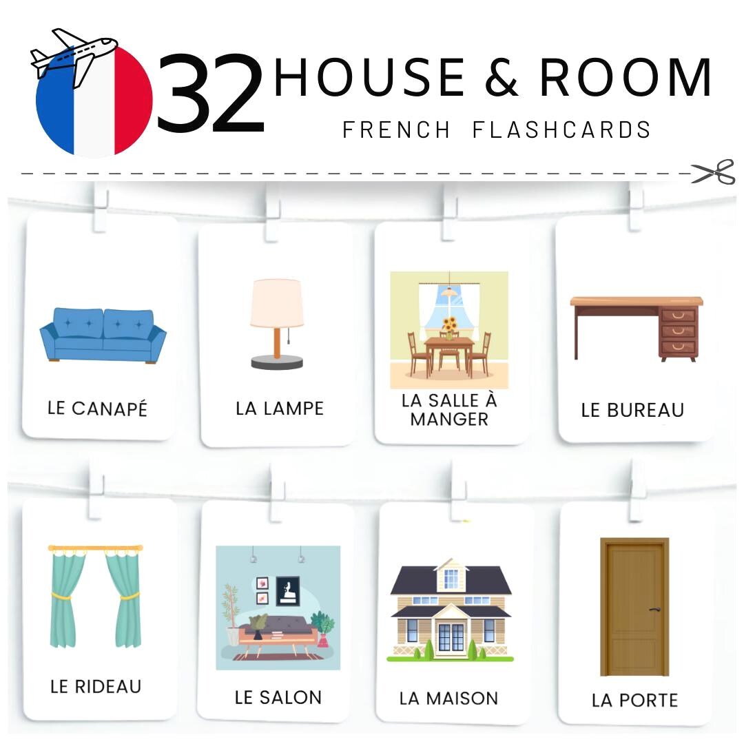 French Home and Rooms Vocabulary Flashcards, Kids Learning Printable ...