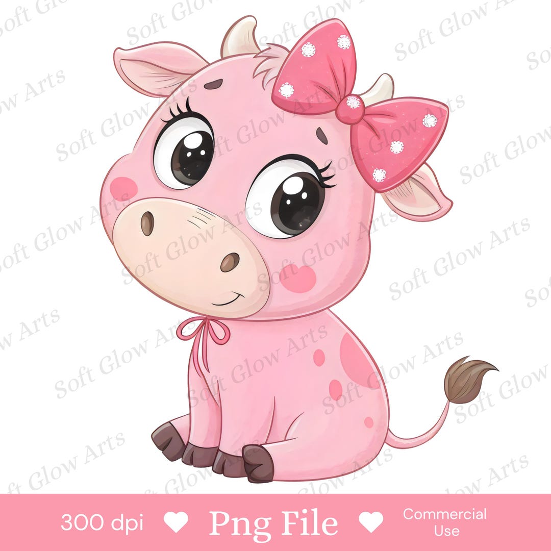 Pink Baby Cow Png, Cute Sitting Cow Girl Png, Cow With Bow Png, Kids ...