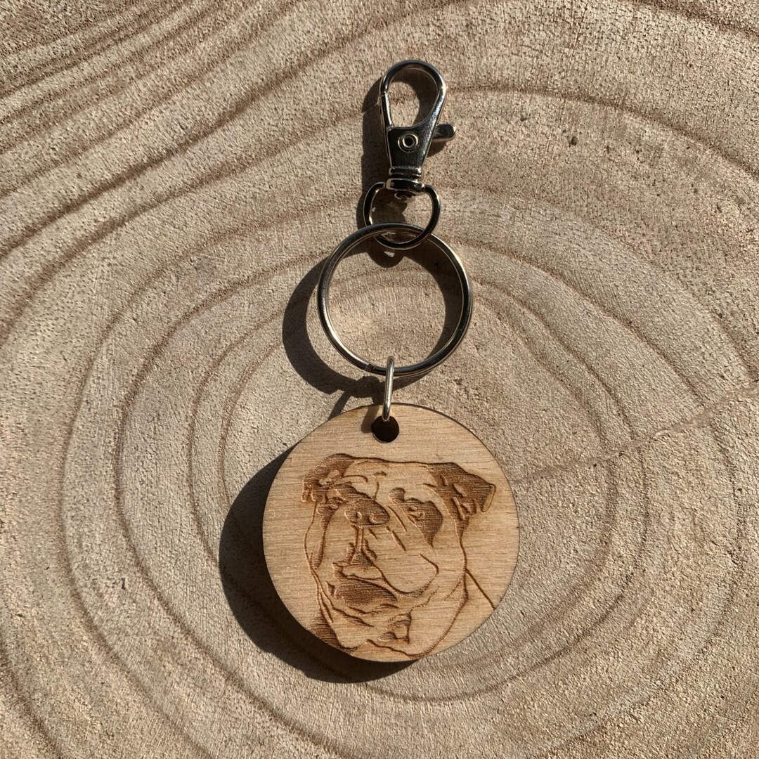 British Bulldog Face Engraved Round Wooden Keyring, Dog Key Chain, Dog ...