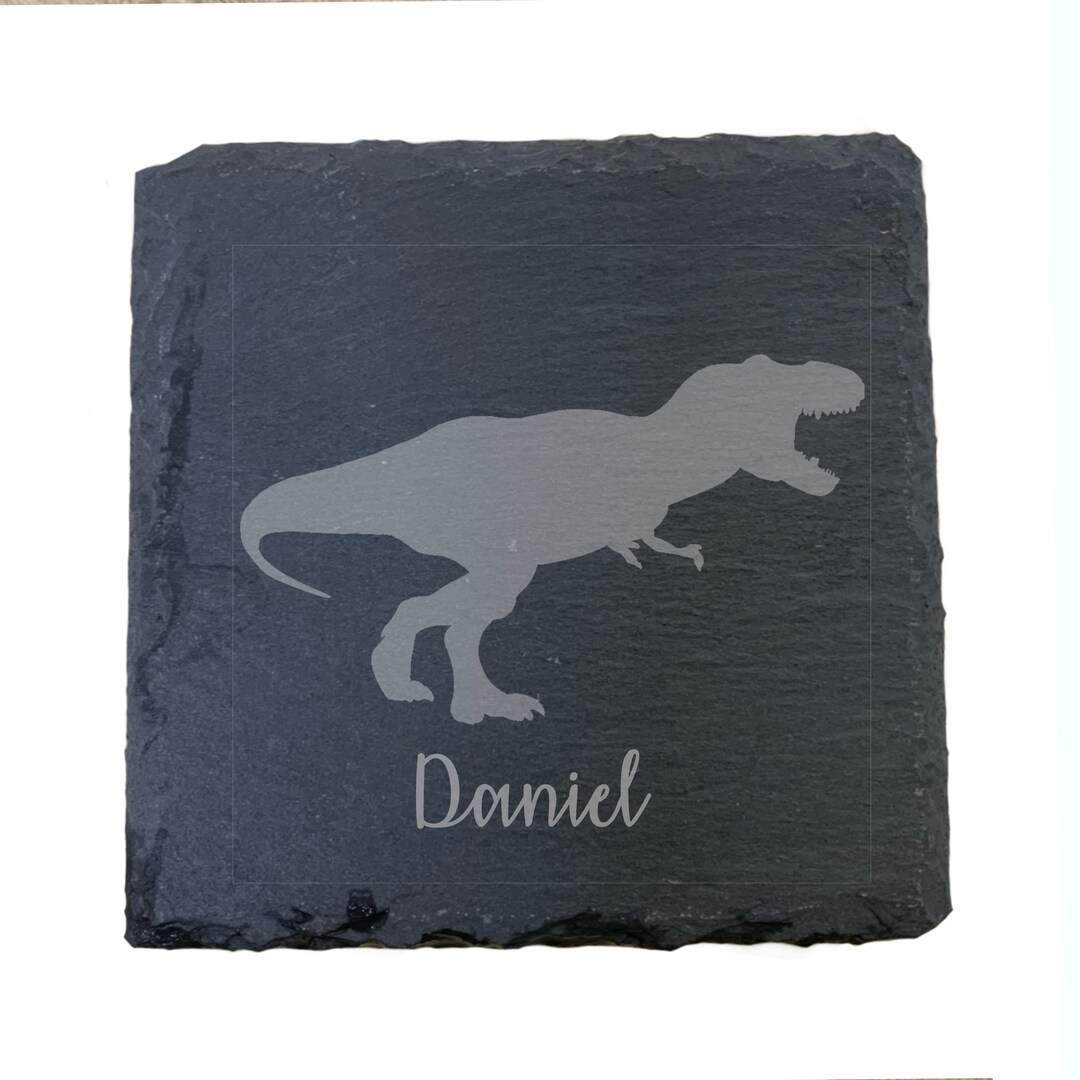 Personalised T-rex Engraved Slate Coaster, Dinosaur Gift, Dinosaur Gin ...