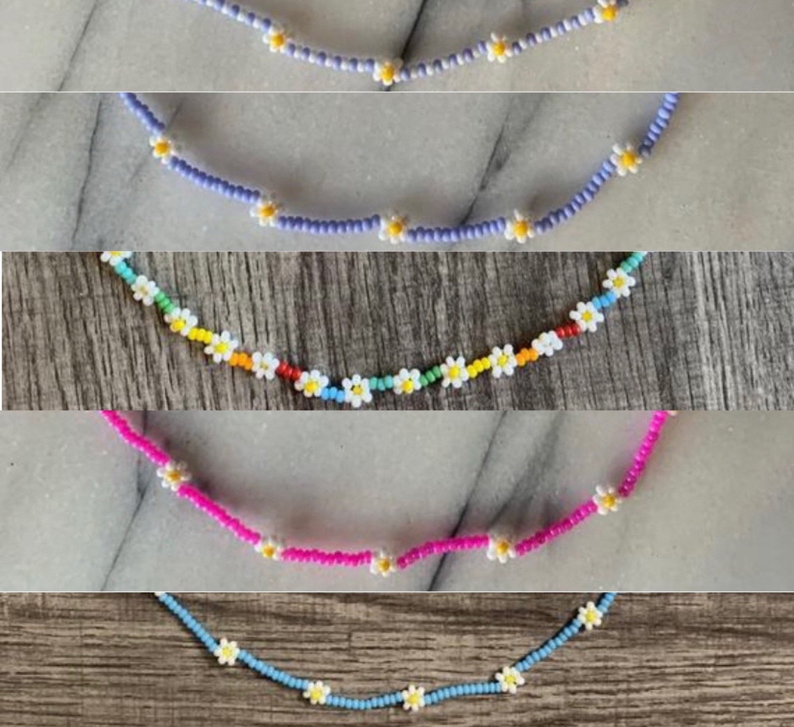 Daisy Flower Seed Bead Necklace Colorful Dainty Jewelry Choker Etsy
