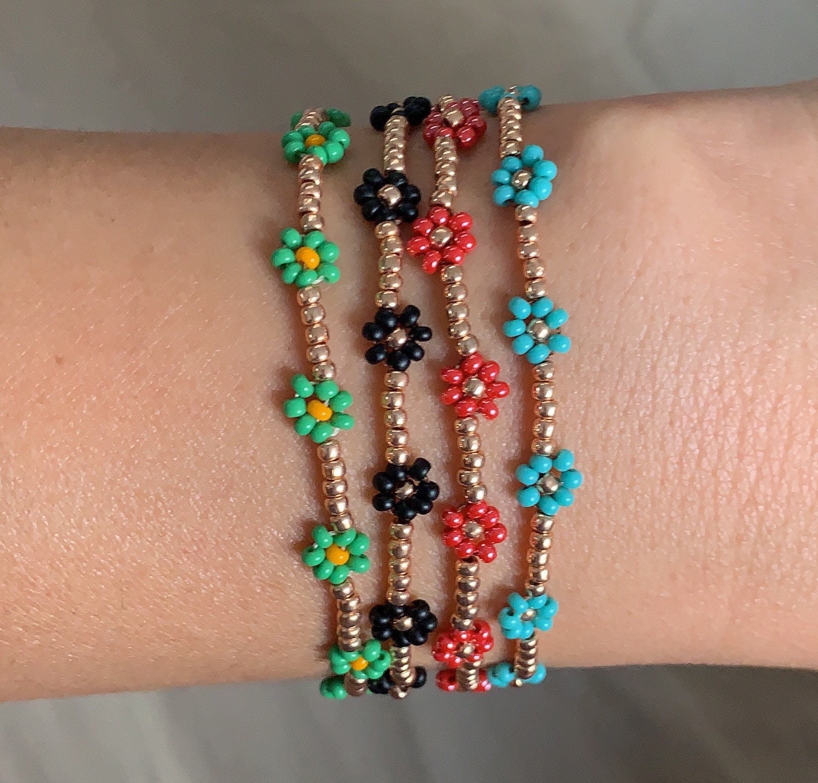 Daisy Flower Seed Bead Bracelet Colorful Dainty Jewelry Anklet Etsy