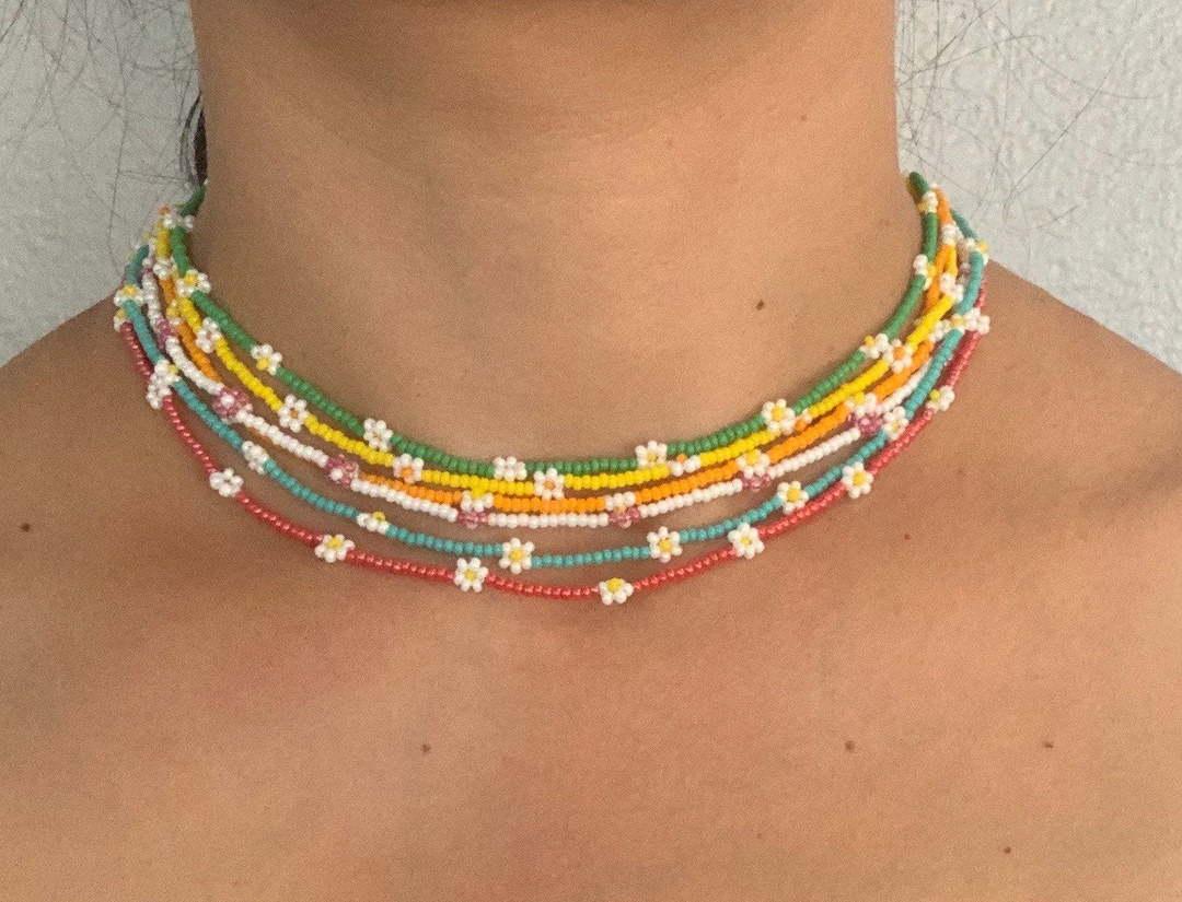 Daisy Flower Seed Bead Necklace Colorful Dainty Jewelry Choker ...