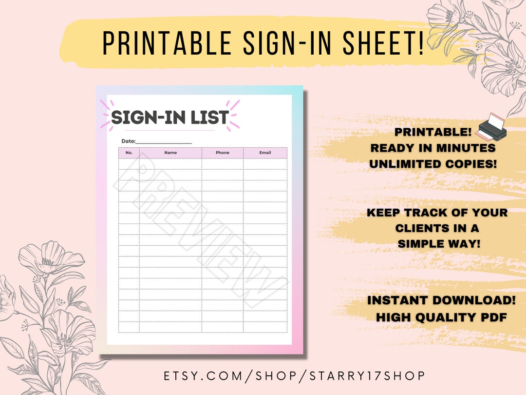 Printable Sign-in Sheet Guest Sign in Log Daily Sign in - Etsy