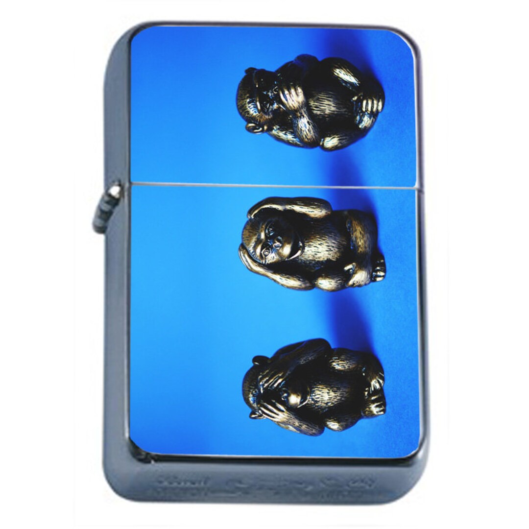 Monkey See Hear Speak Em2 Flip Top Oil Lighter Smoking Cigarette Silver ...