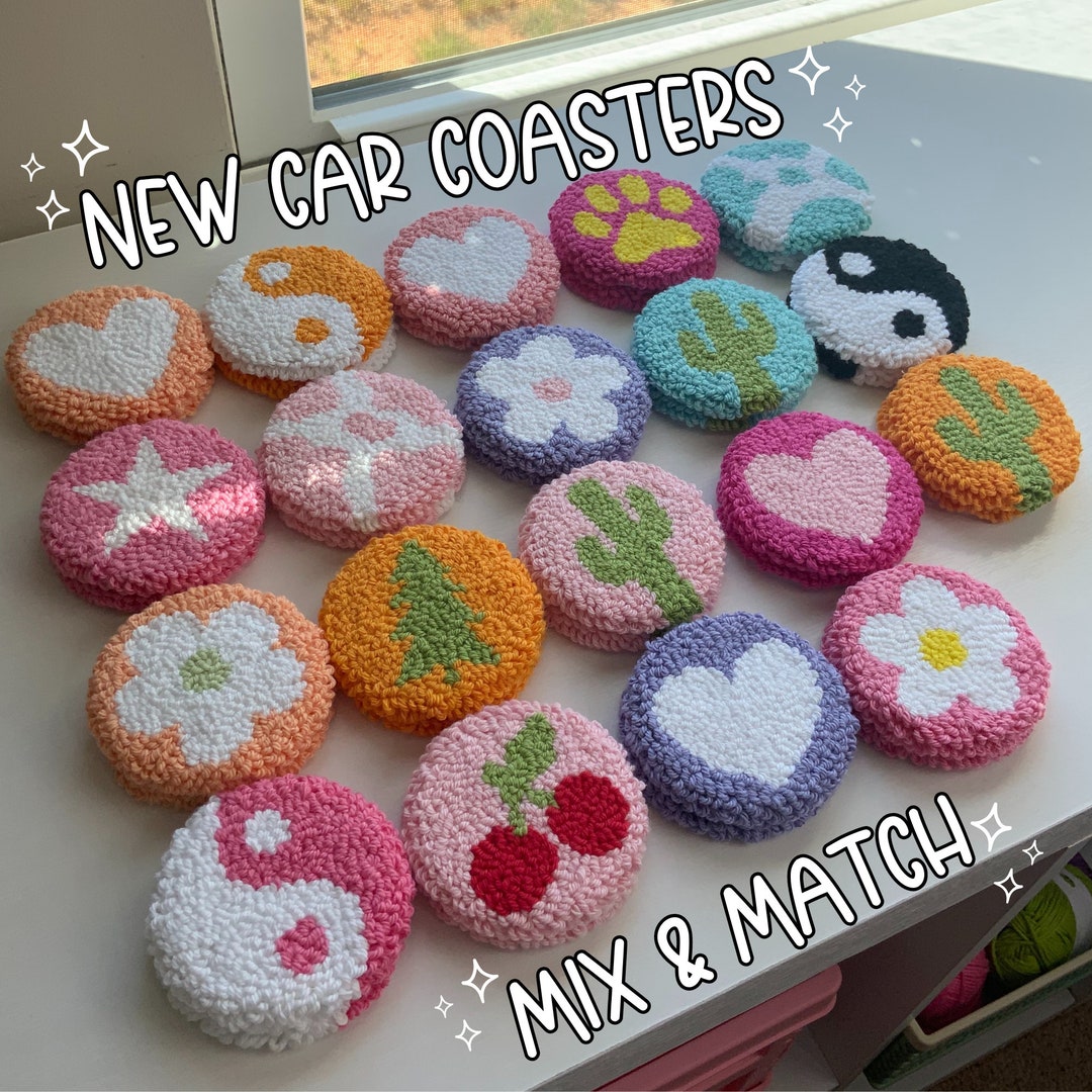 Car Coasters, Punch Needle Coasters, Cute Car Accessories, Pink Car ...
