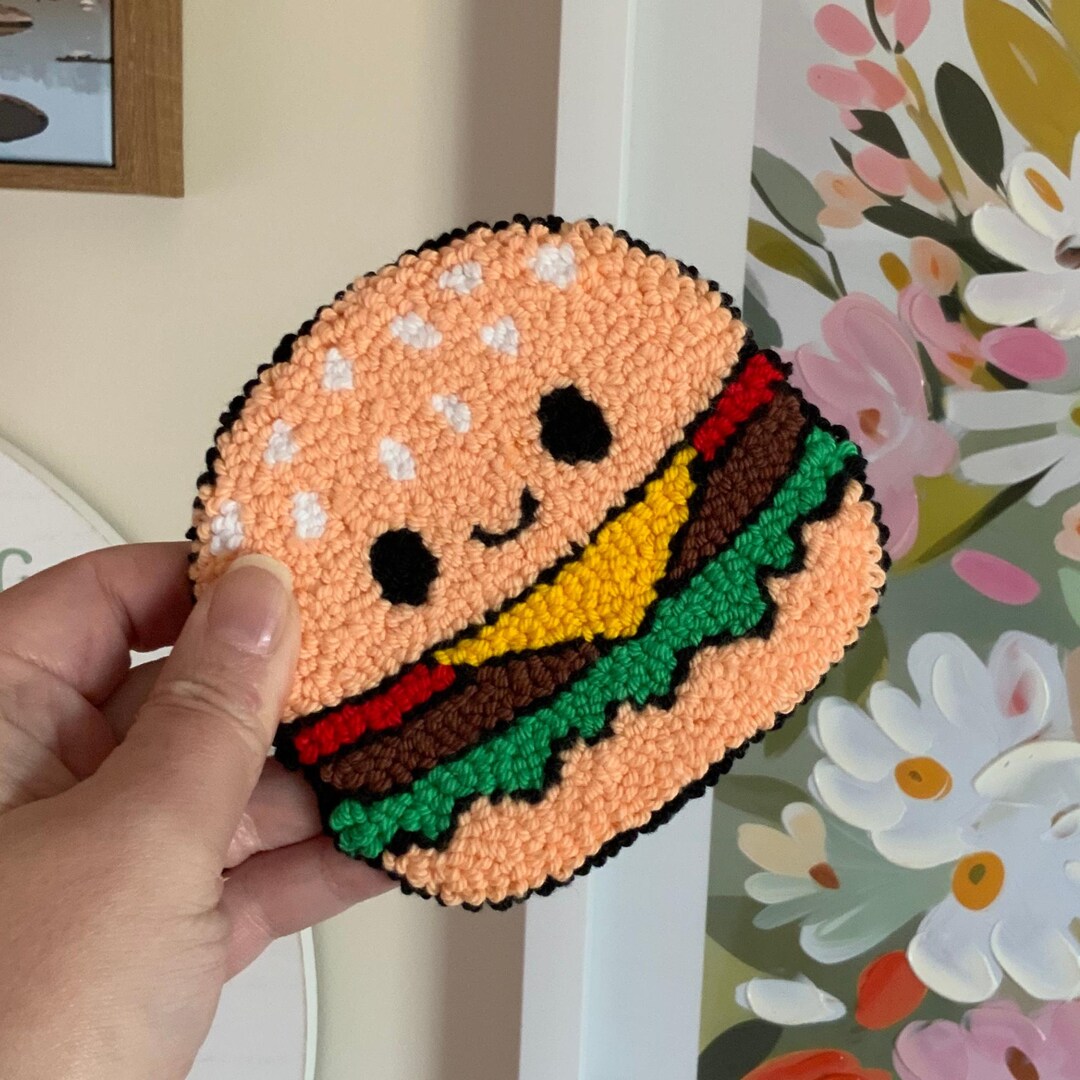 Punch Needle Burger Coaster: Handmade Cotton Mug Rug - Etsy
