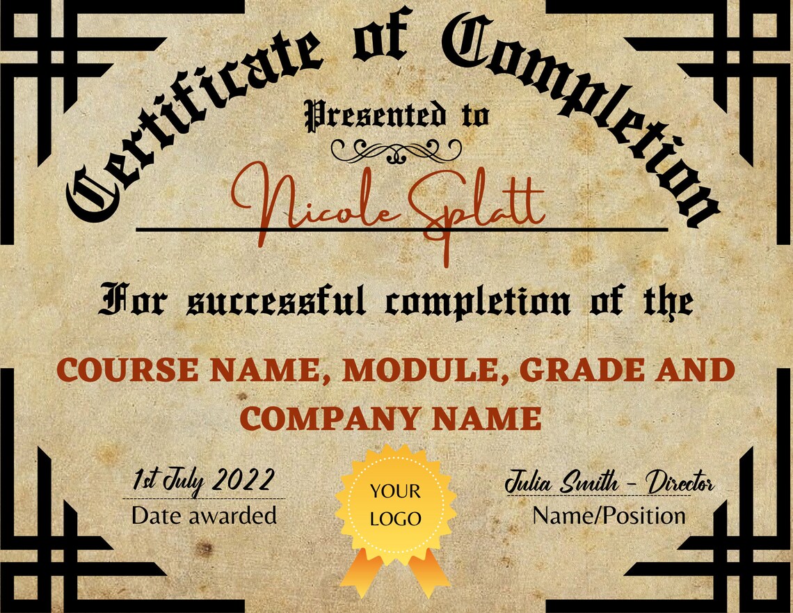 Certificate of Completion, DIY Certificate, DIGITAL DOWNLOAD, Editable ...