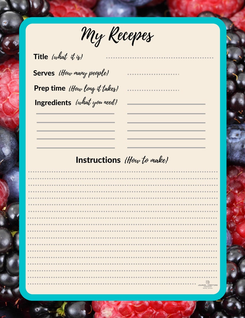 Recipe Printable Template A4 Size With Fruits, Letter Sized (8.5x11 ...