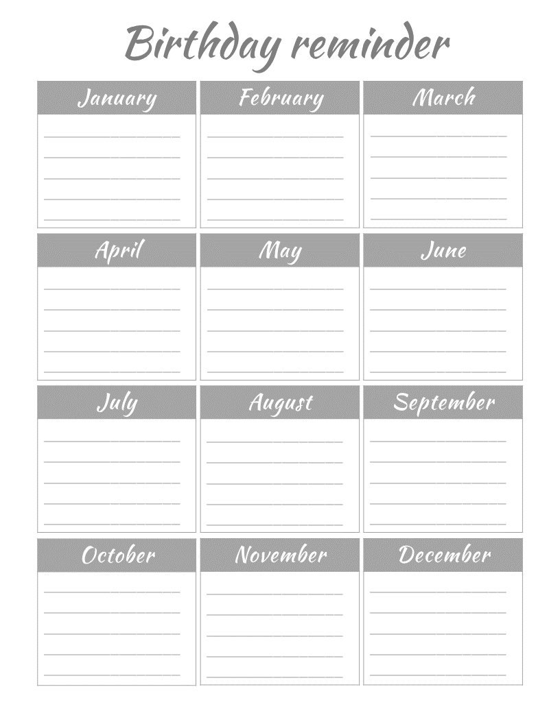 Birthday Reminder| Birthday Calendar Printable | Perpetual Birthday ...