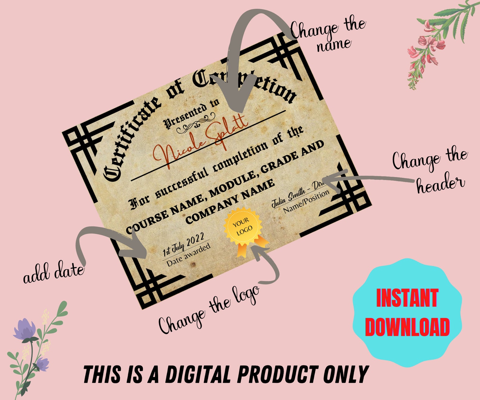 Certificate of Completion, DIY Certificate, DIGITAL DOWNLOAD, Editable ...
