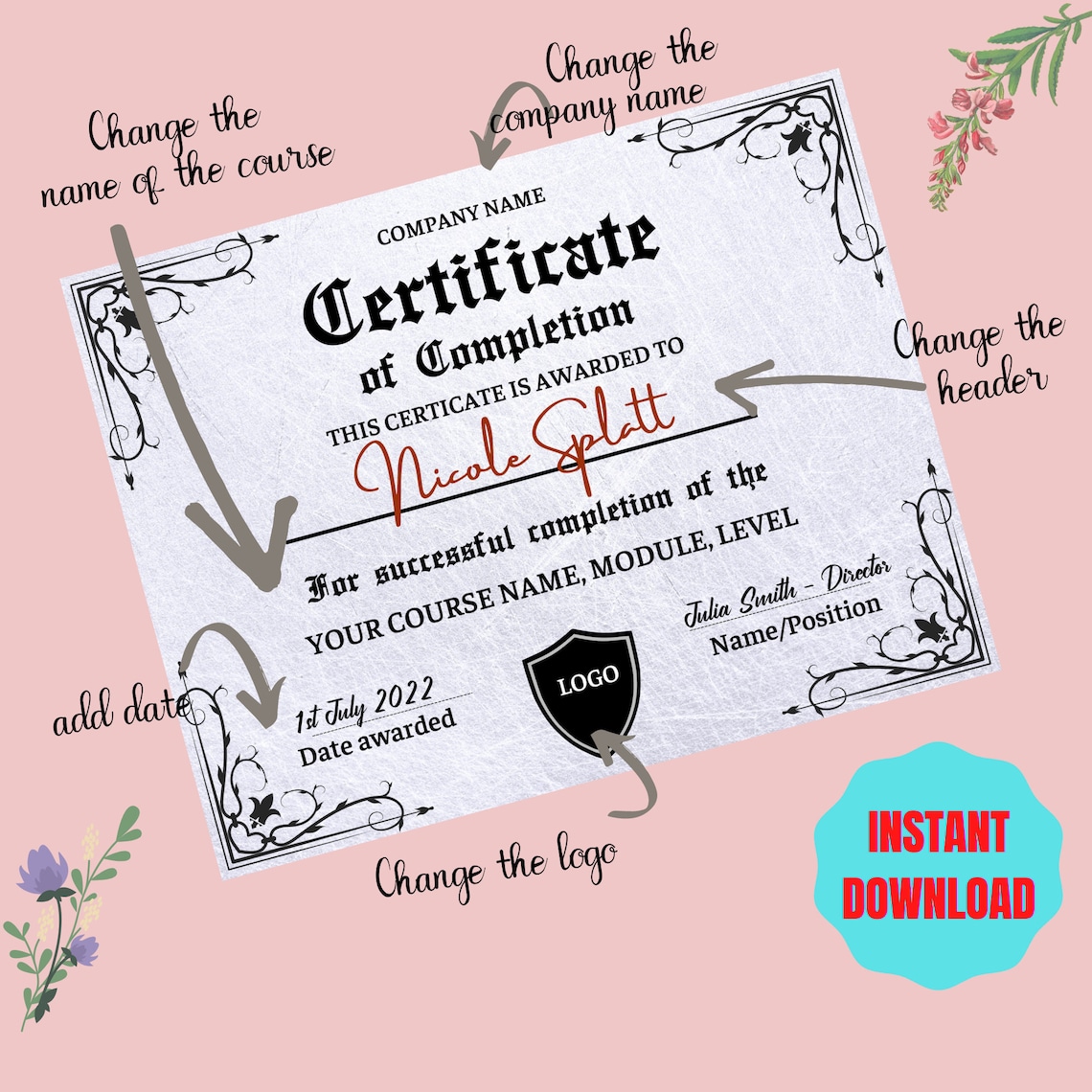 Editable Certificate of Completion/achievement Template, Training ...