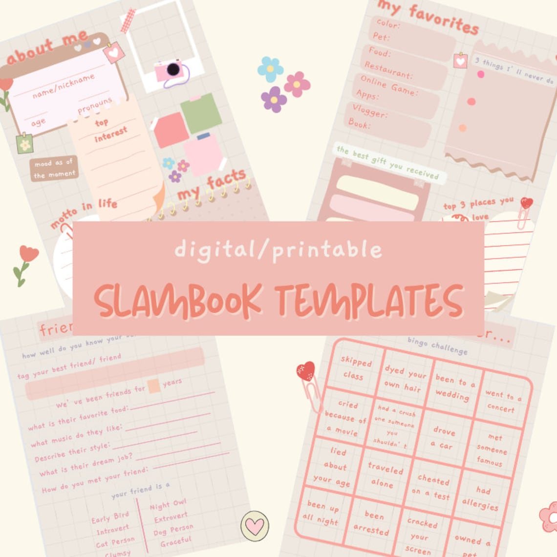 Cute Kawaii Slam Book Templates, Printable Slam Book, Slam Book Digital ...