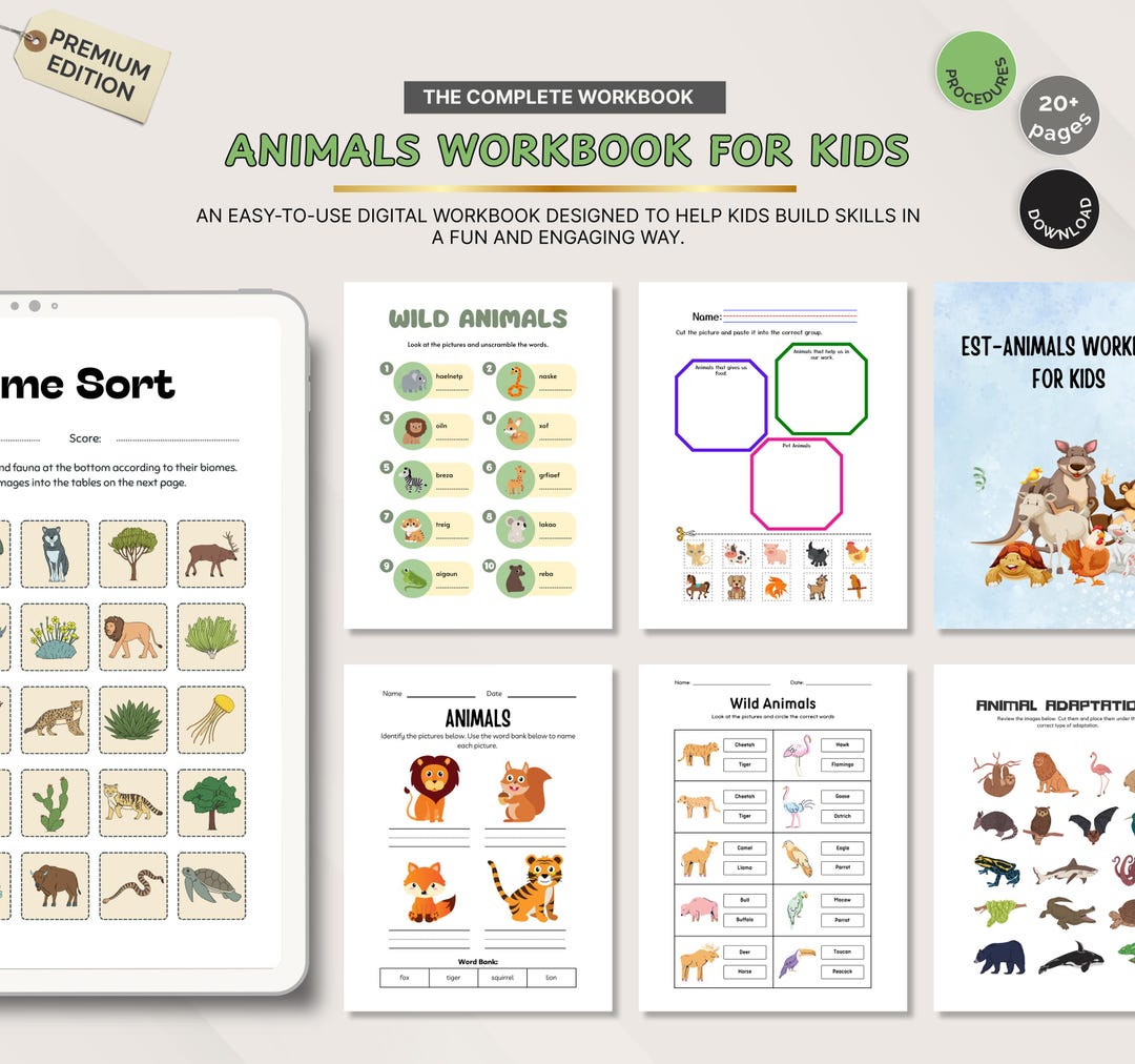 Animal Workbook for Kids: Printable Learning Activities (PDF Download ...