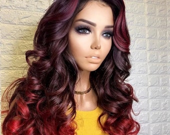 OMBRE RED 99j Burgundy Color 13x4 Lace Front Human Hair Wigs | Etsy