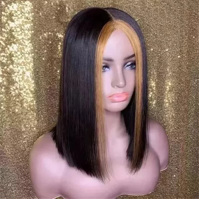 BLONDE Two Front Streaks Straight Human Hair Wiglace Front - Etsy
