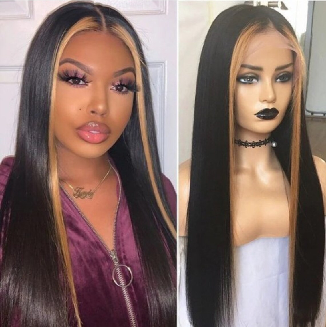 BLONDE Two Front Streaks Straight Human Hair Wiglace Front - Etsy