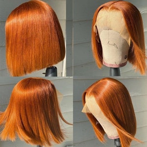 GINGER ORANGE Red Bob Wig Lace Front Human Hair Wigs Pre Plucked ...