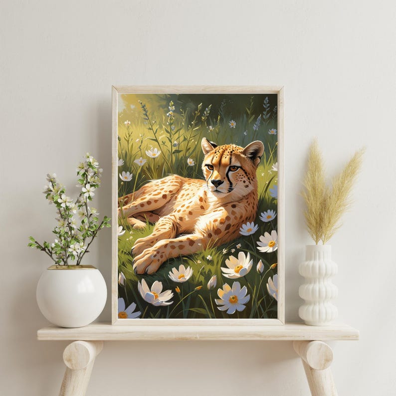 Cheetah in Wildflower Meadow Art Print – Boho Jungle Animal Wall Art ...