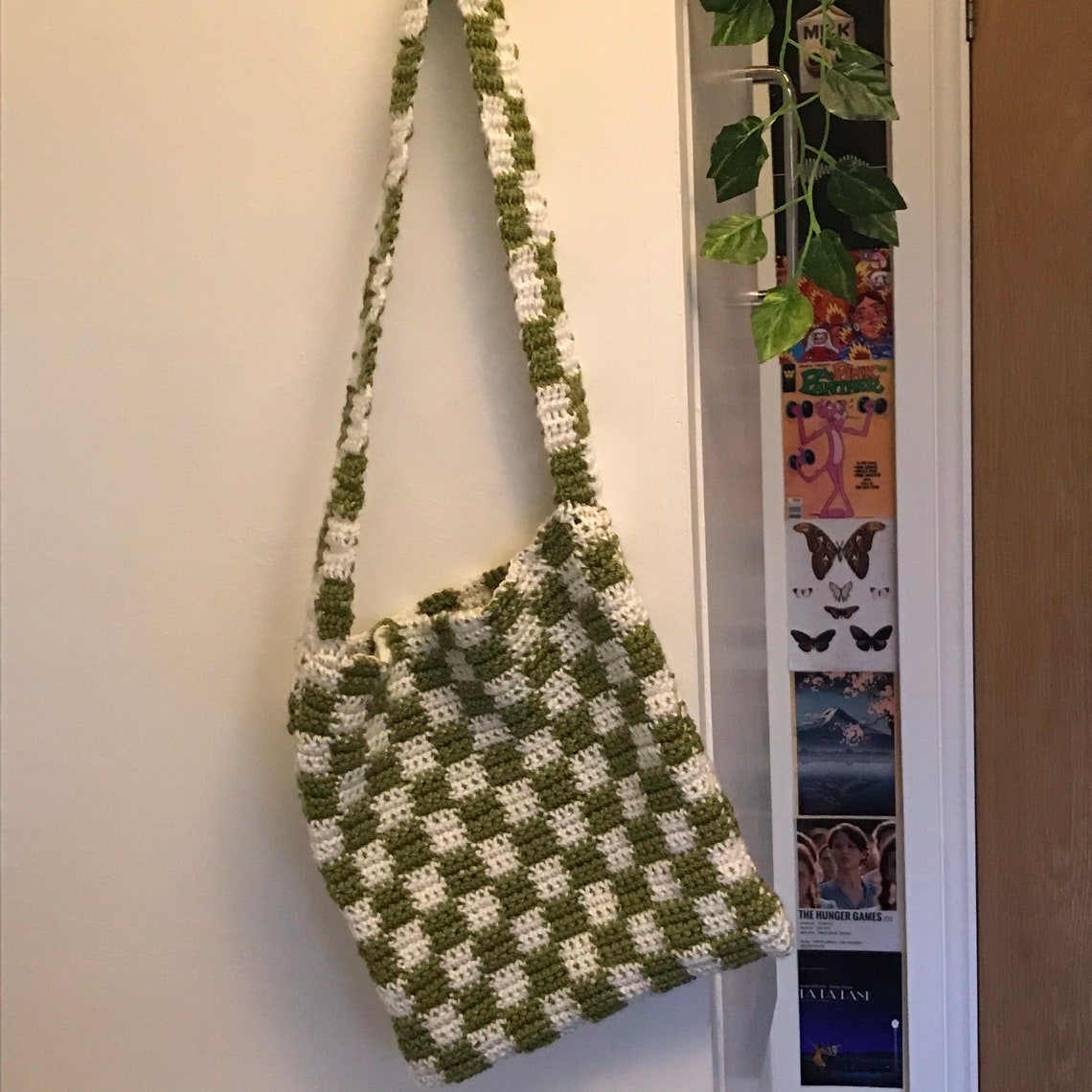 Green and white crocheted checkered bag | Etsy