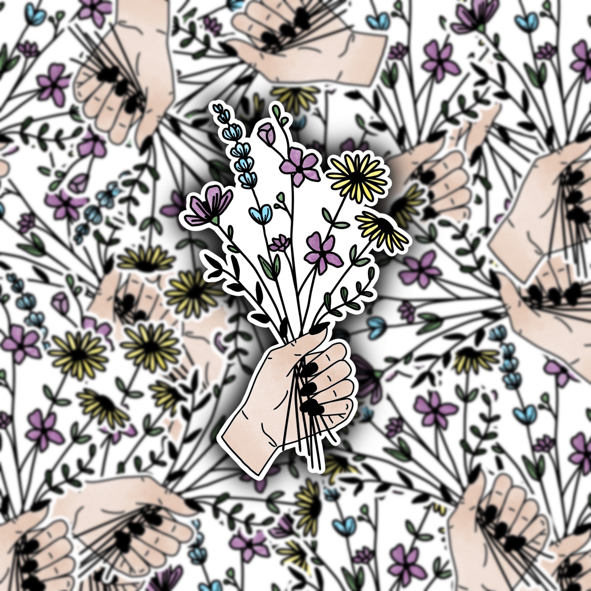 Wildflower Sticker Hand Holding Wildflowers Watercolor | Etsy