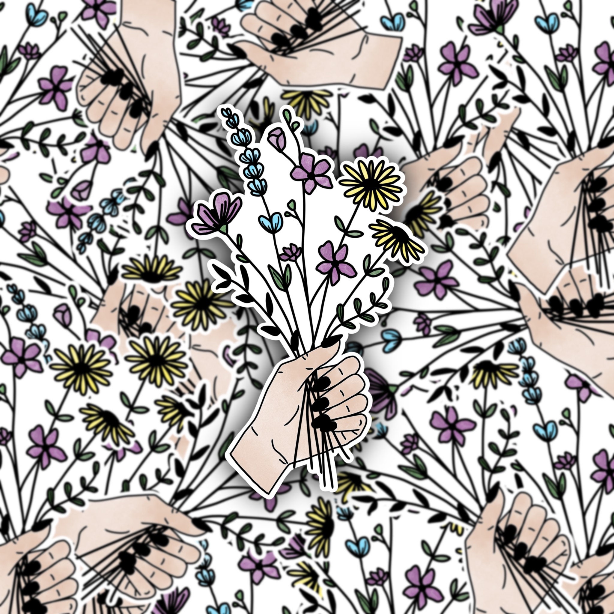 Wildflower Sticker Hand Holding Wildflowers Watercolor | Etsy