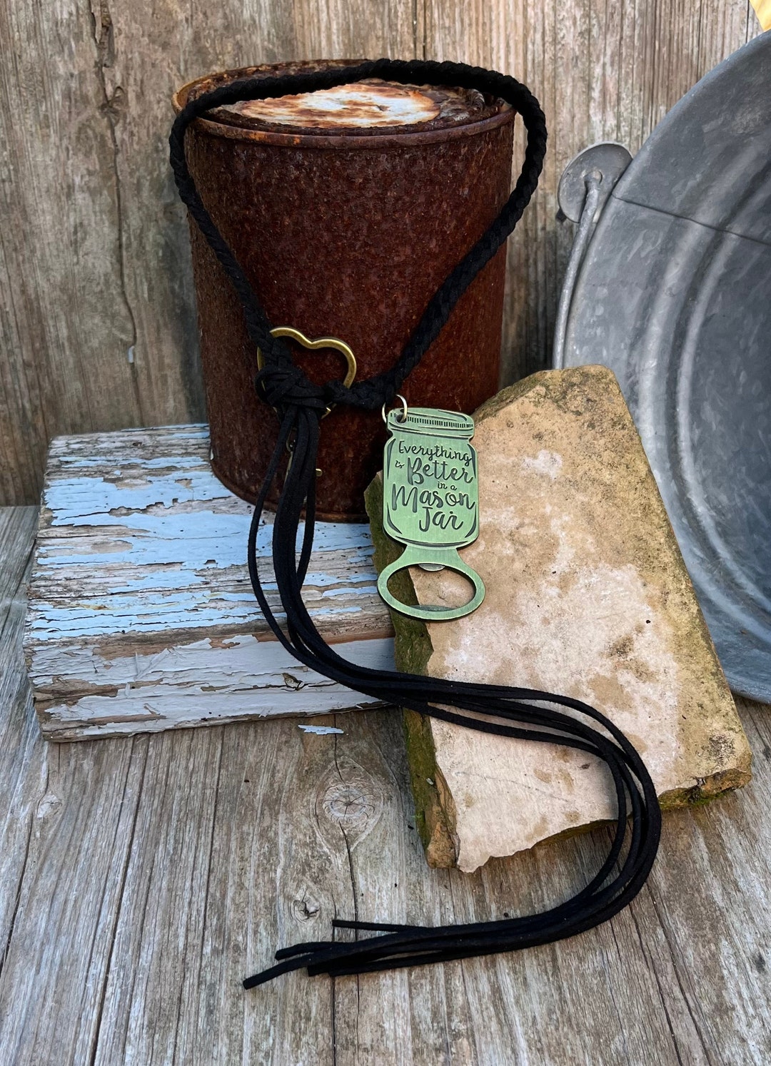 Black Braided Leather Wrist Strap With Mason Jar Bottle Opener Accent ...