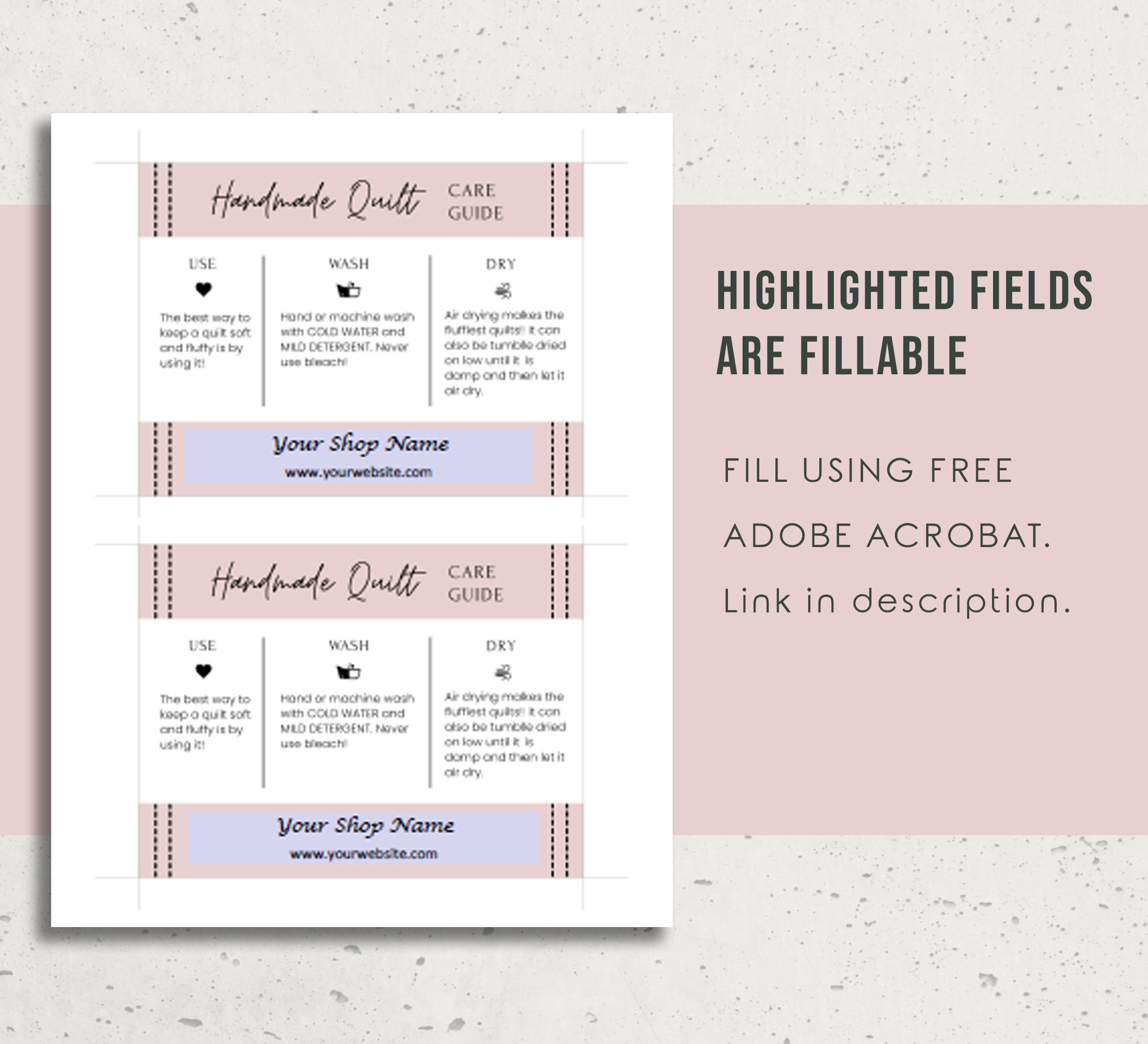 Quilt Care Guide Card, Printable Quilt Wash Guide, Quilt Insert Card ...