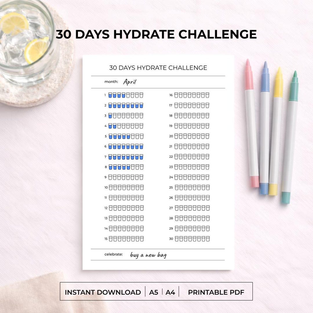 30 Day Hydration Tracker Printable, A4 A5 Water Challenge (PDF Download ...