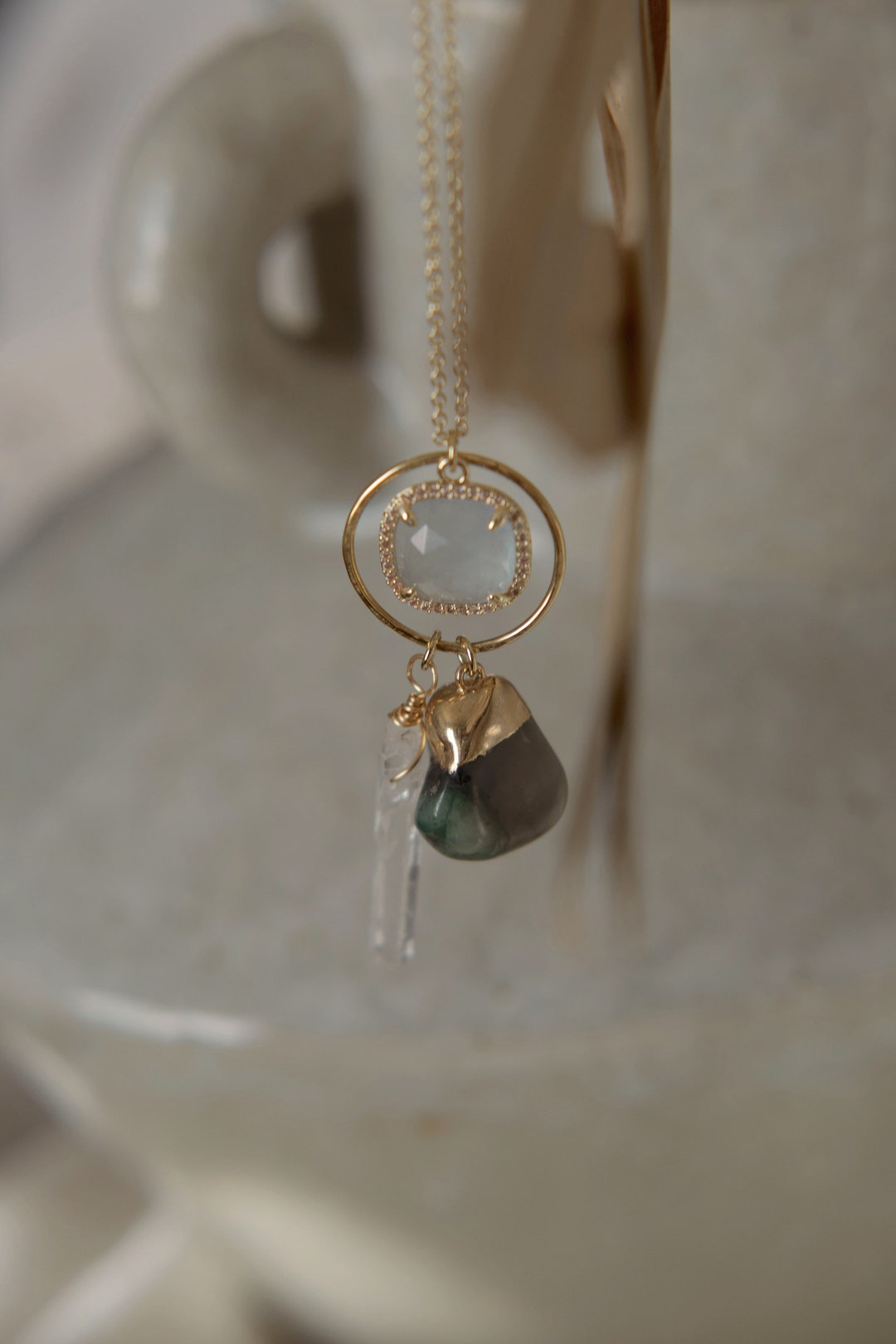 Gold-filled Gemstone Necklace, Angelite Pendant Necklace, Emerald ...