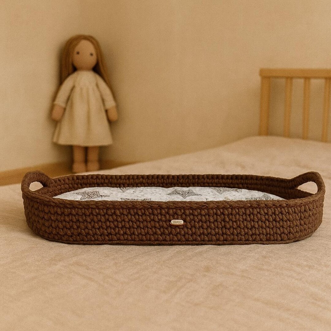 Baby Changing Basket, Boho Changing Mat, Brown Crochet Nursery Basket ...