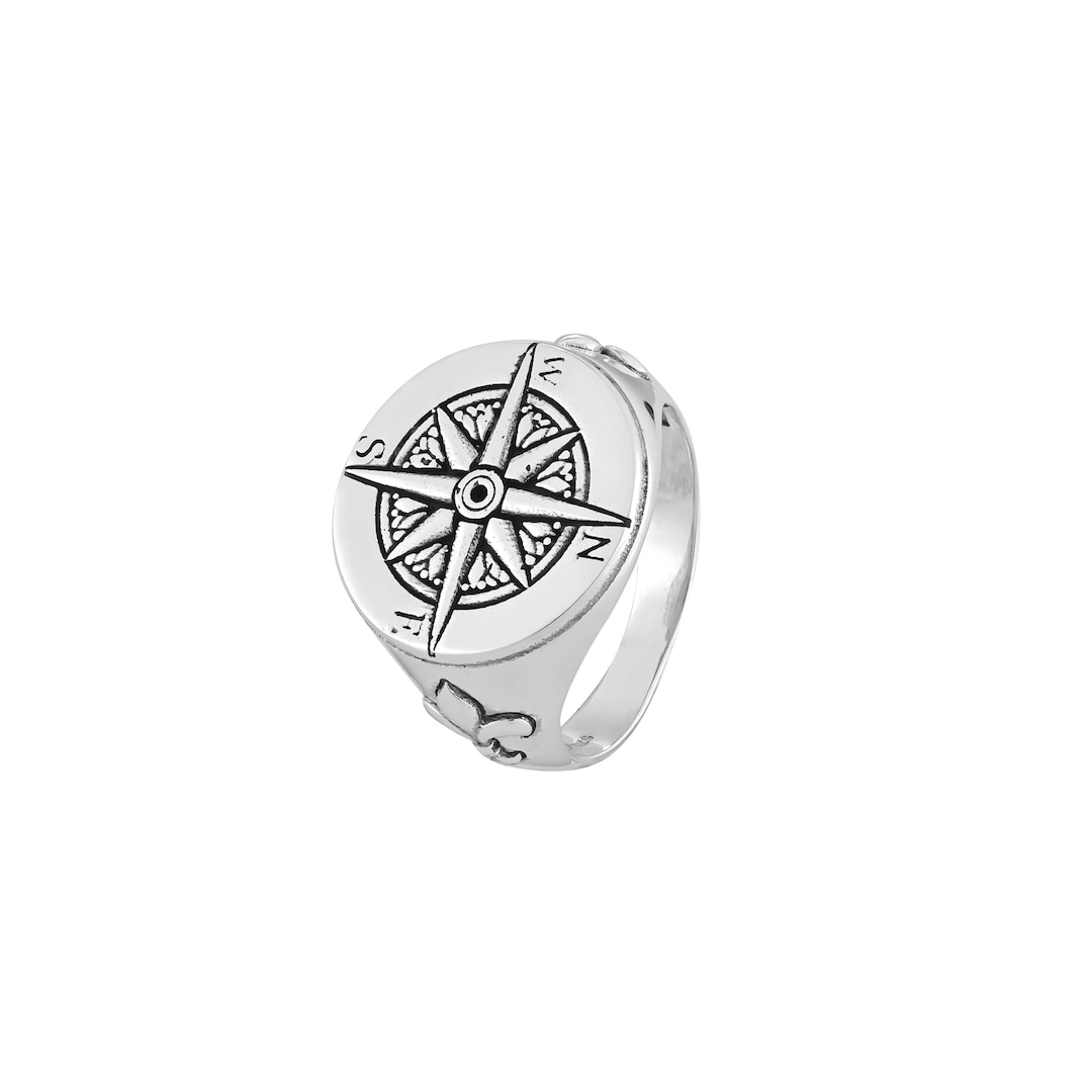 Sterling Silver Compass Ring | Men’s Nautical Signet Ring | Adventure ...