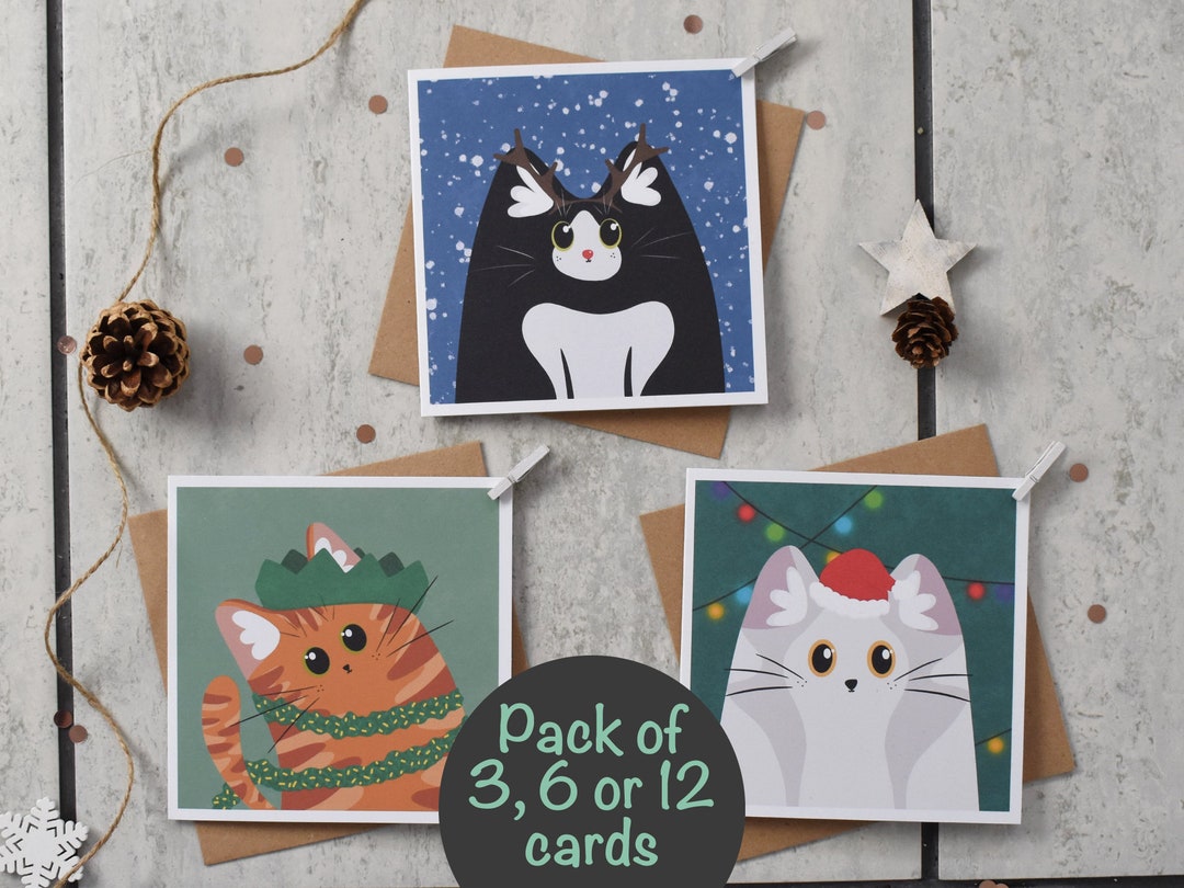 Cat Christmas Card Pack of 3 6 or 12, Cute Cat Christmas Card ...
