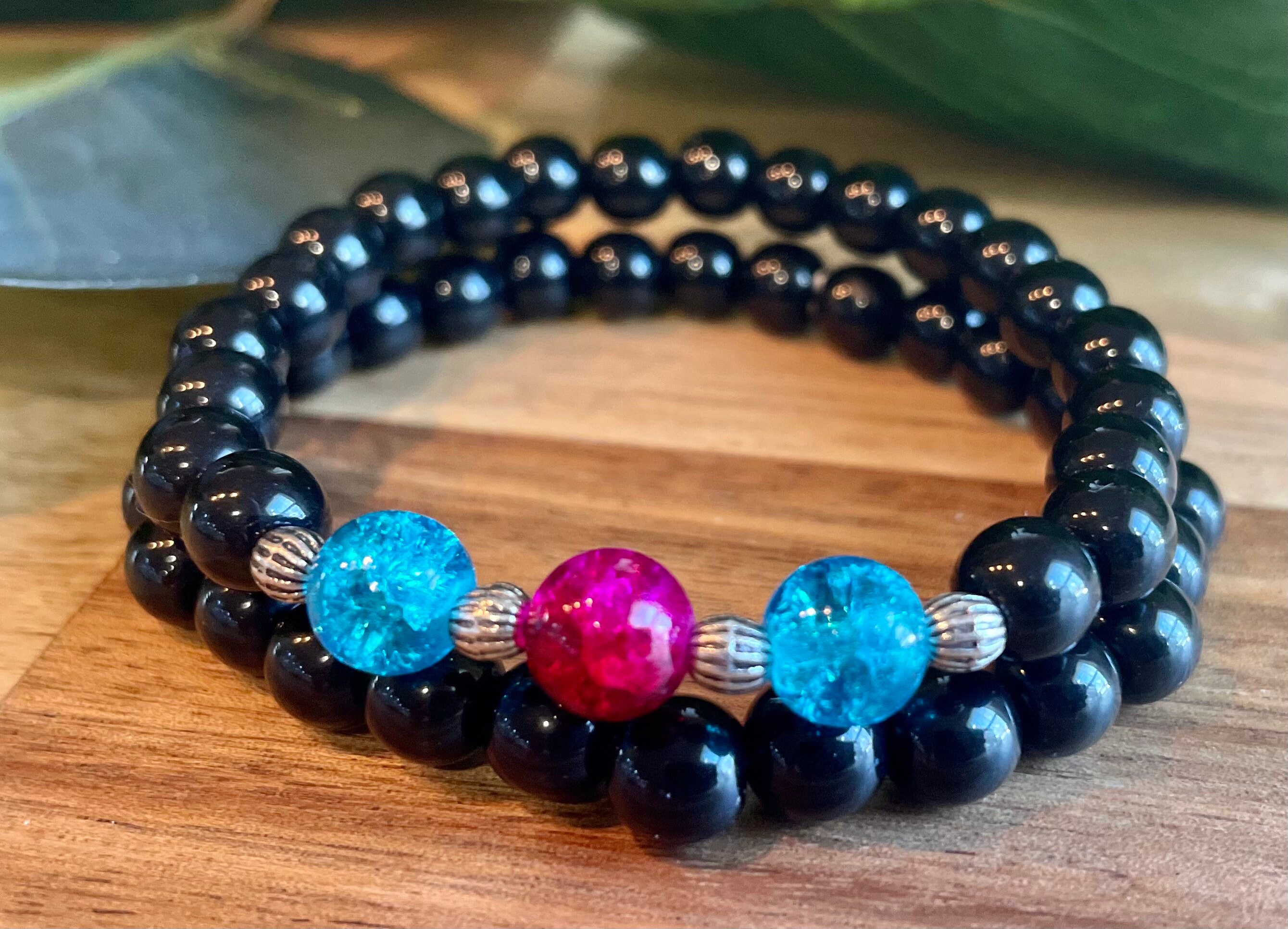 Set of 2 beaded bracelet stacks stackable bracelet black | Etsy