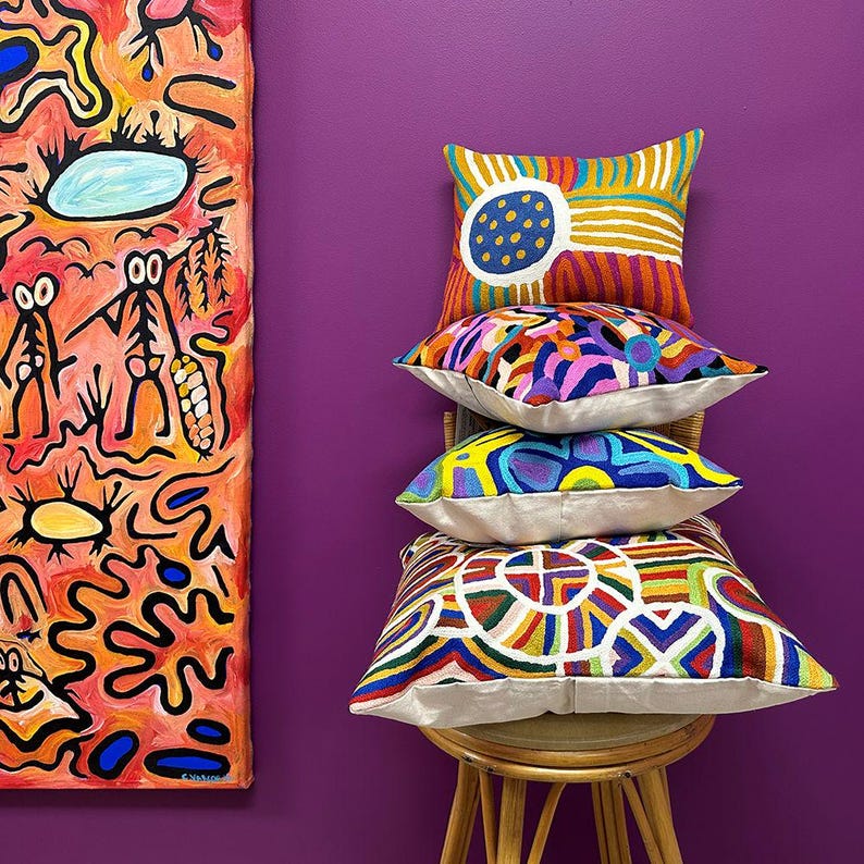 Aboriginal Art Cushion Cover: Hand Embroidered Wool, Mina Mina Dreaming ...