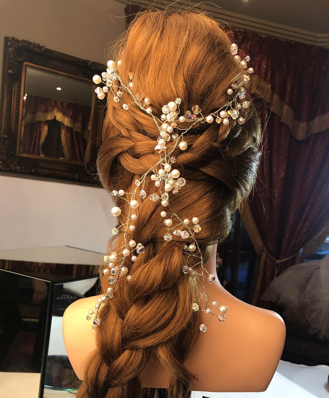 Silver Crystal and Pearl Wedding Hair Vine, Bridal Hair Piece (104cm ...