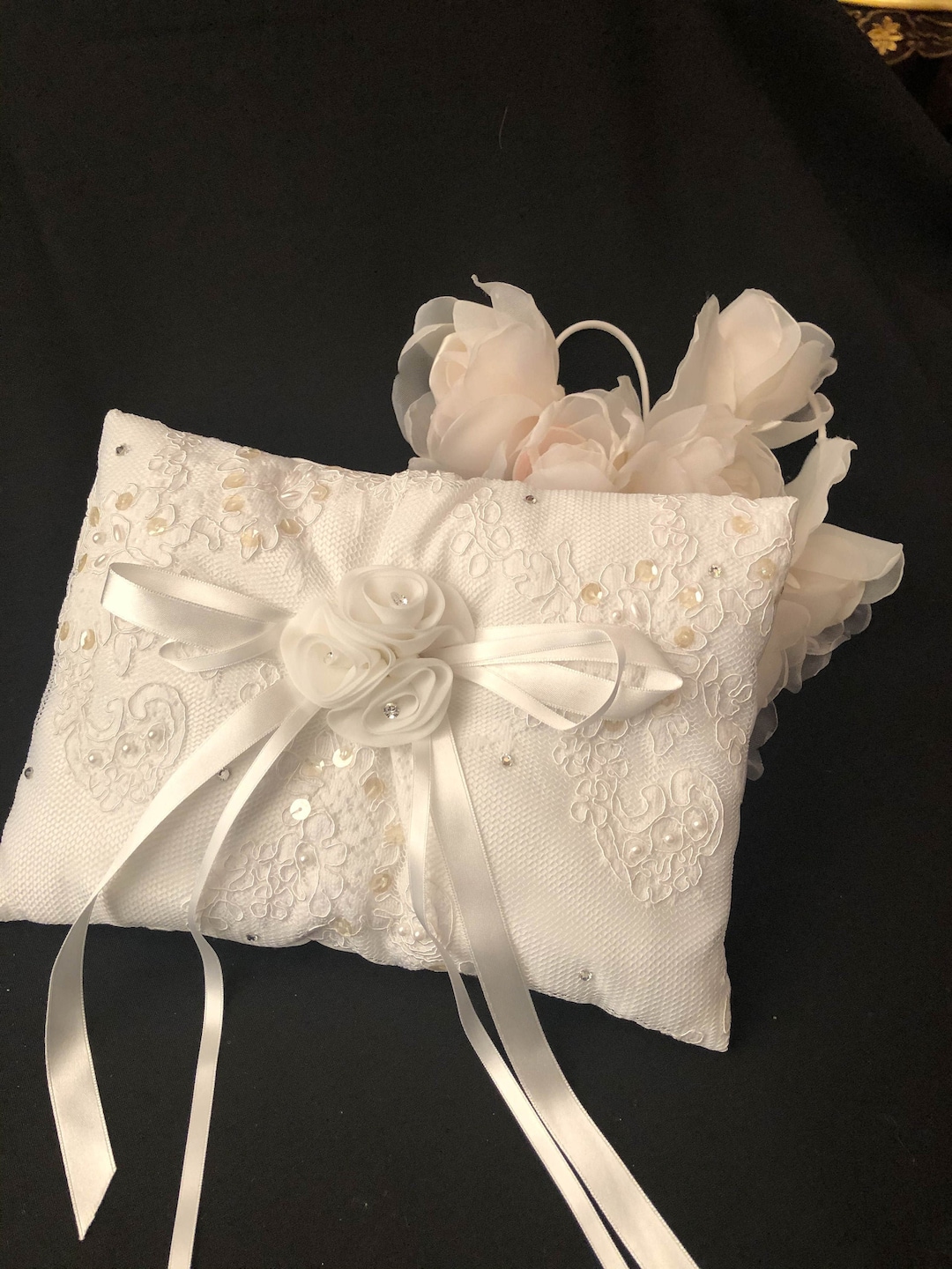White Wedding Ring Pillow With White Ribbon and Crystals - Etsy