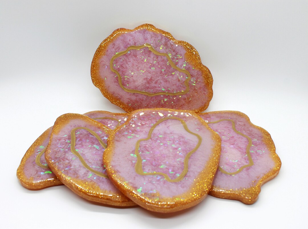 Juego de posavasos de geoda de resina con purpurina rosa y dorada 5 ...