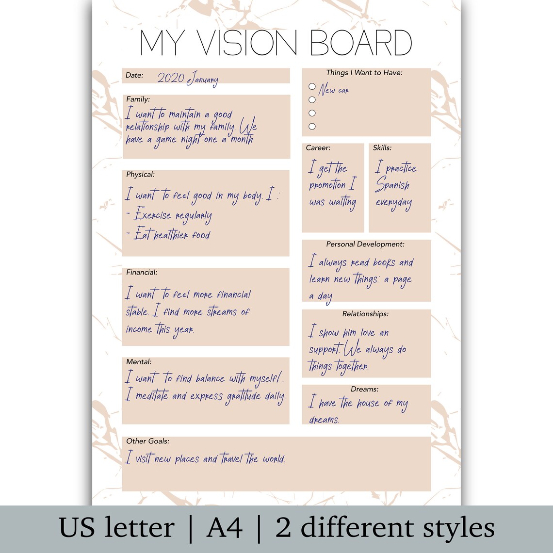 Printable Vision Board Template, Printable Dream Board, Marble Vision ...