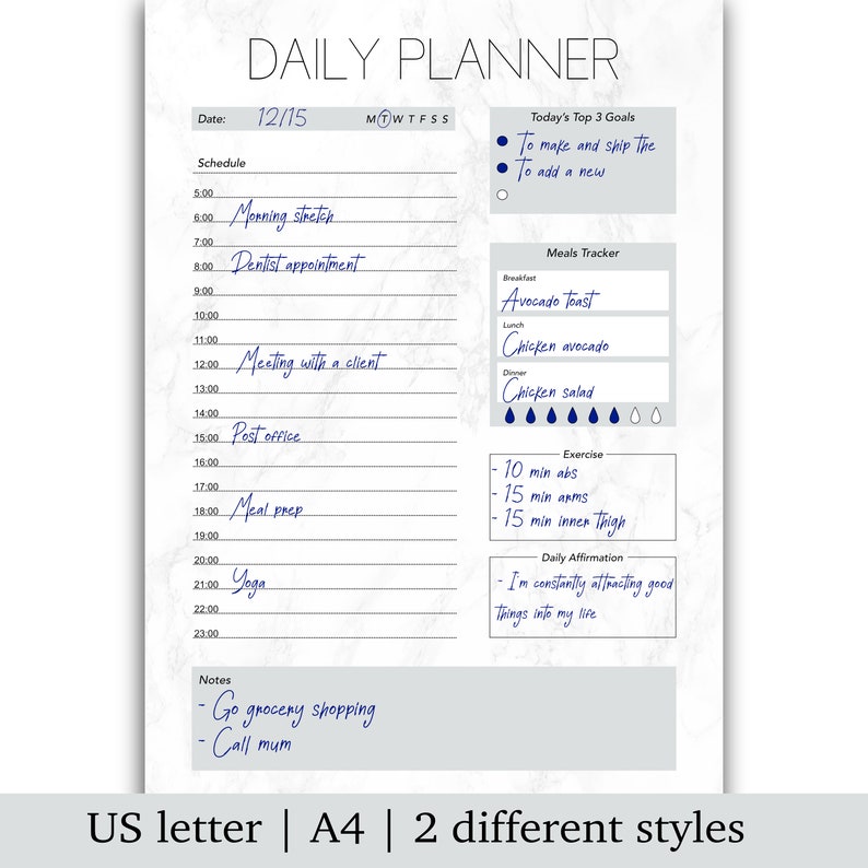 Printable Daily Planner, Daily Organizer, Marble to Do List, Work at ...