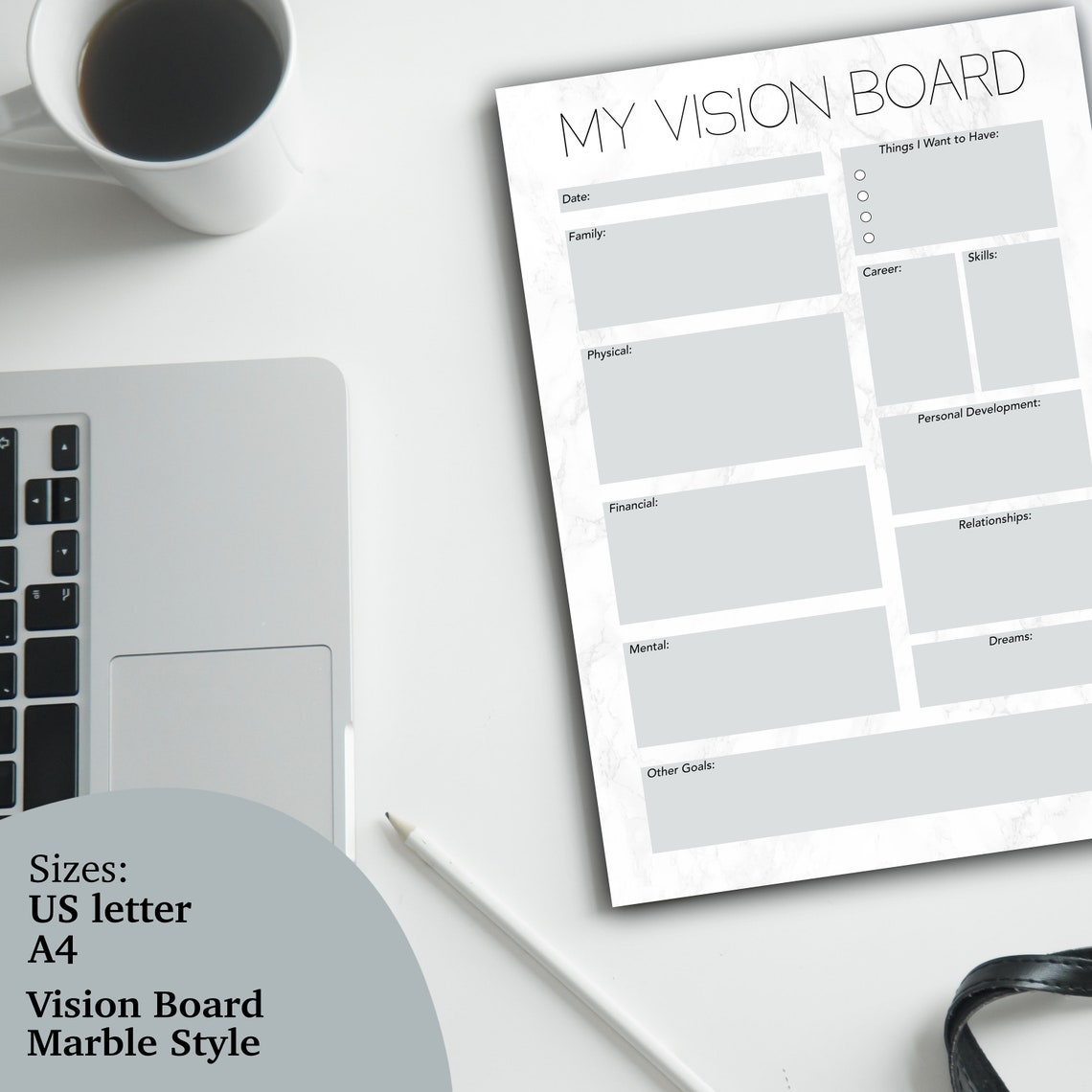 Printable Vision Board Template, Printable Dream Board, Marble Vision ...