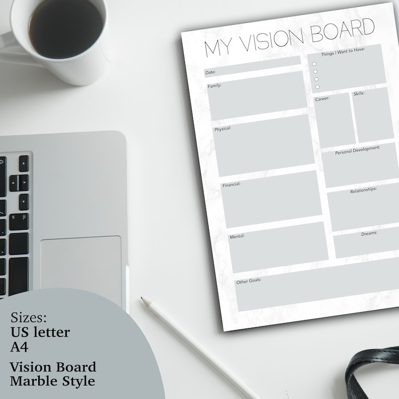 Printable Vision Board Template Printable Dream Board Marble Vision