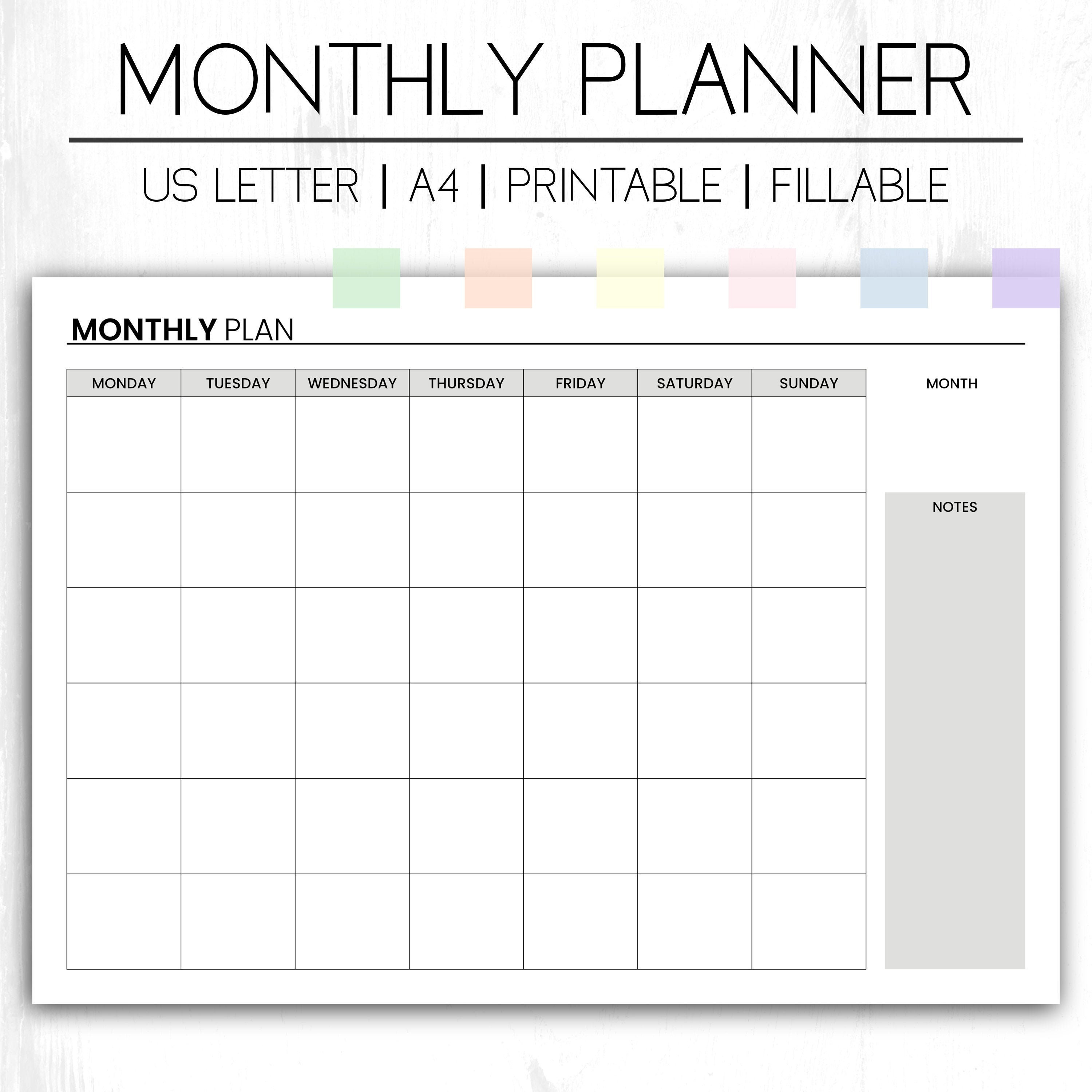 Printable Monthly Planner, Fillable Monthly Plan, Printable Monthly ...